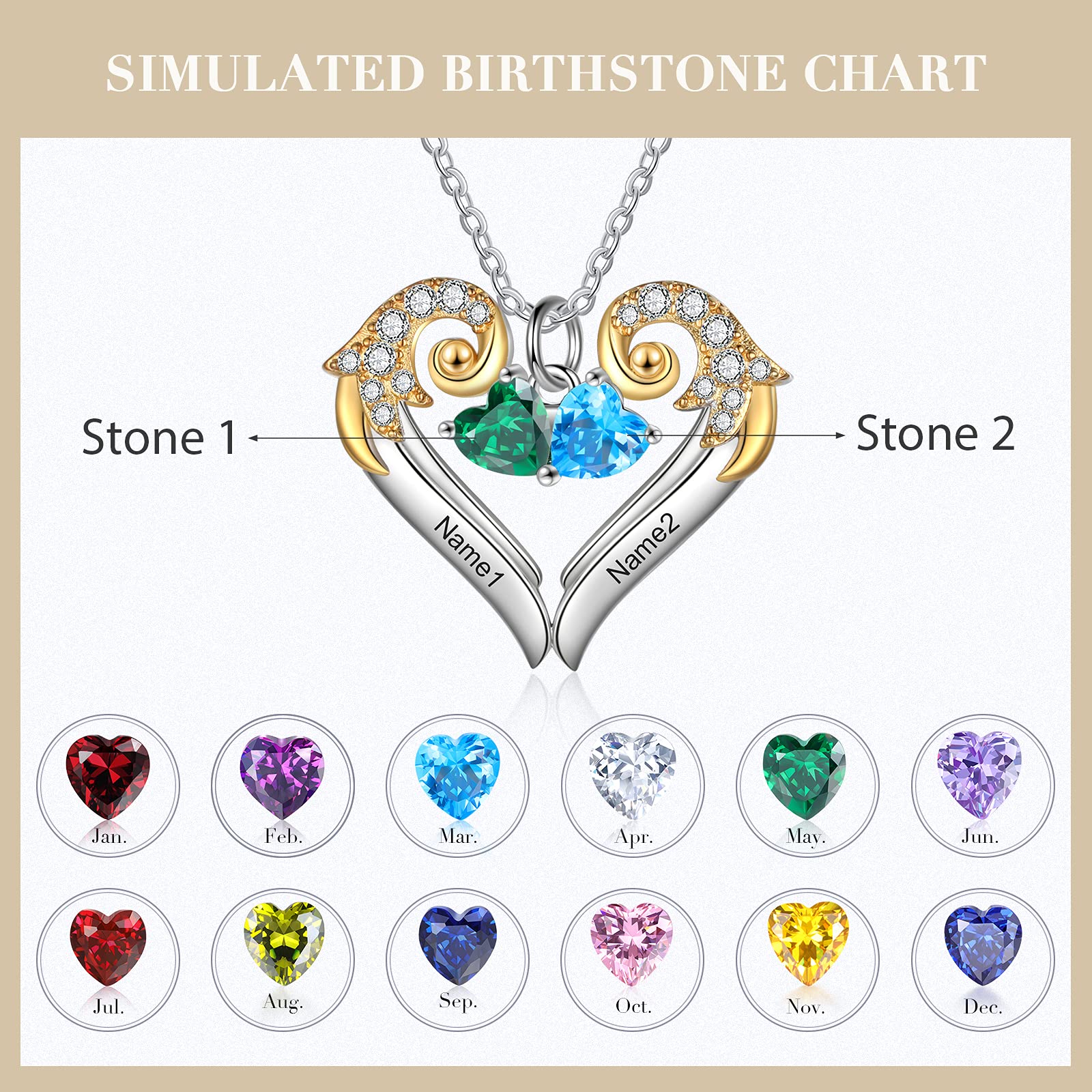 Zomodia Personalized Simulated Birthstone Necklace for Women, Angel Wings Necklace Custom Mom Necklace with Names Engraved Heart Promise Pendant for Her (2 stones)