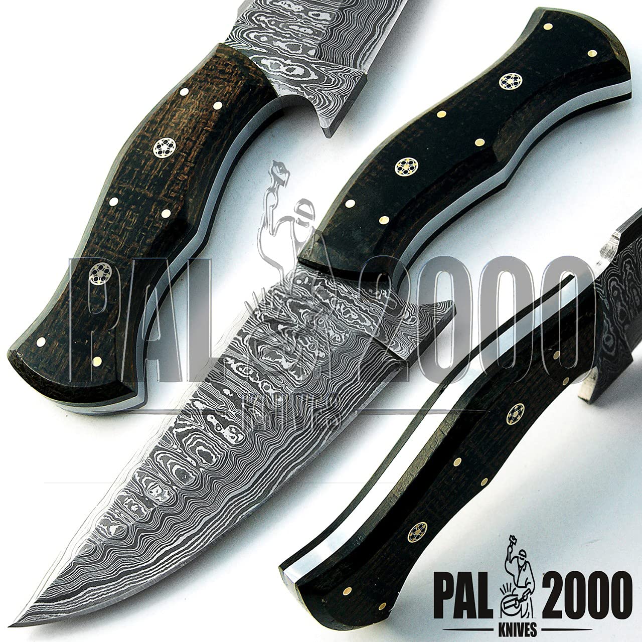 PAL 2000 HUNTING KNIVES Knife With Leather Sheath - Handmade damascus Steel Knife - Custom Knife - 9 Inches Micarta Handle, 9556 Black, White and Gray