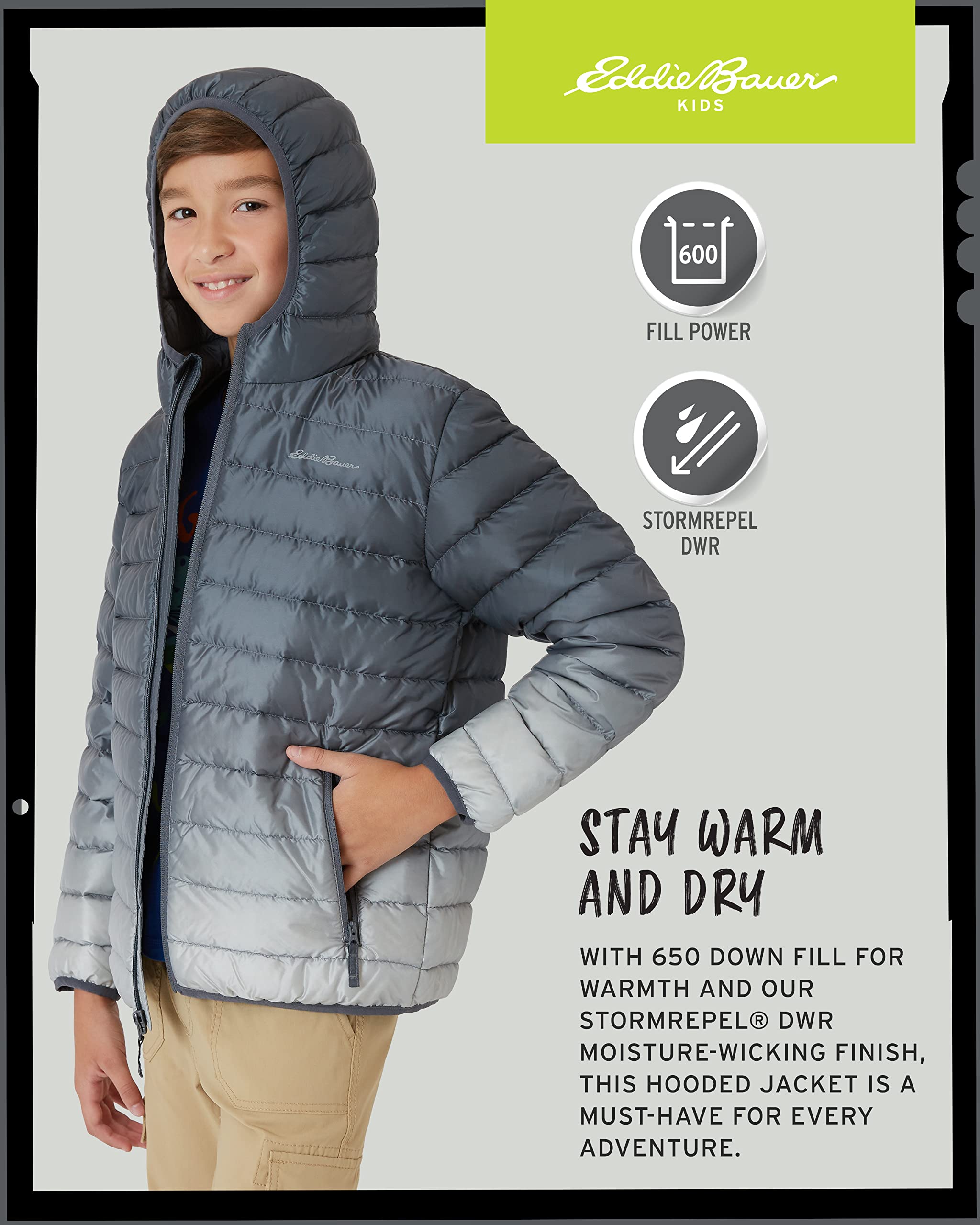 Eddie Bauer Boys' Jacket - CirrusLite Weather Resistant Down Coat for Boys - Insulated Quilted Bubble Puffer (3-20), Size 14-16, Iron