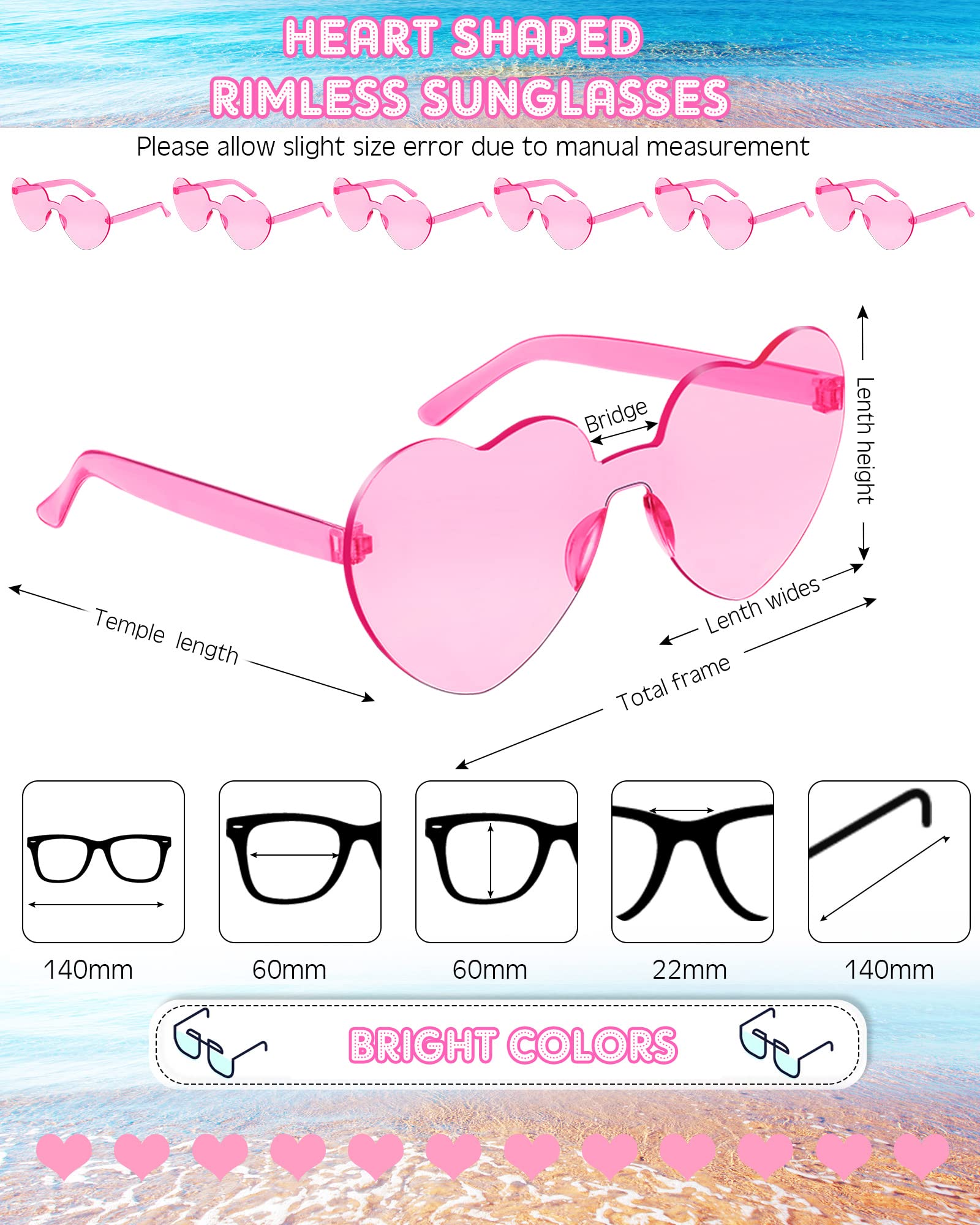 Frienda 20 Pairs Heart Shaped Sunglasses Rimless Candy Color Glasses for Women Men Party Favor(Pink)