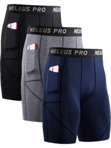 neleus men's compression shorts with pockets workout running tights,3 pack,6082,black/grey/navy blue,l