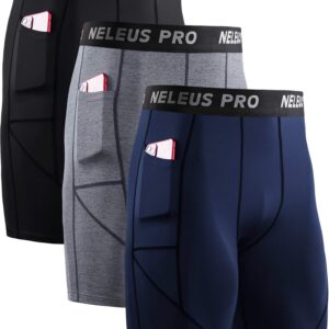 NELEUS Men's Compression Shorts with Pockets Workout Running Tights,3 Pack,6082,Black/Grey/Navy Blue,L