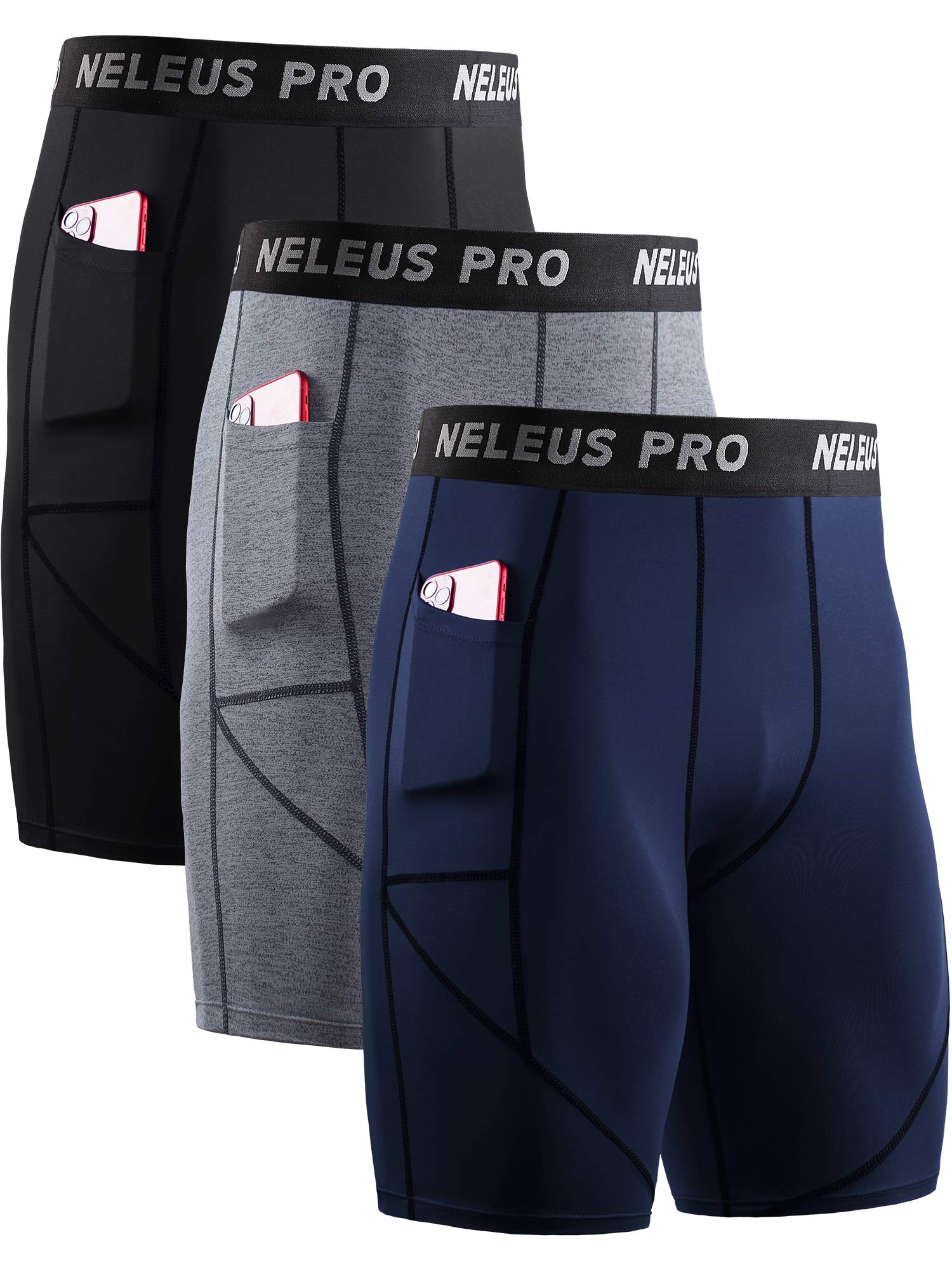 NELEUS Men's Compression Shorts with Pockets Workout Running Tights,3 Pack,6082,Black/Grey/Navy Blue,L