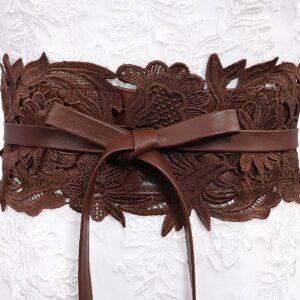 Lovful Women Faux Leather Lace Belt,Wide Wrap Around Obi Belt,Self Tie Boho Band Waist Belt,Coffee