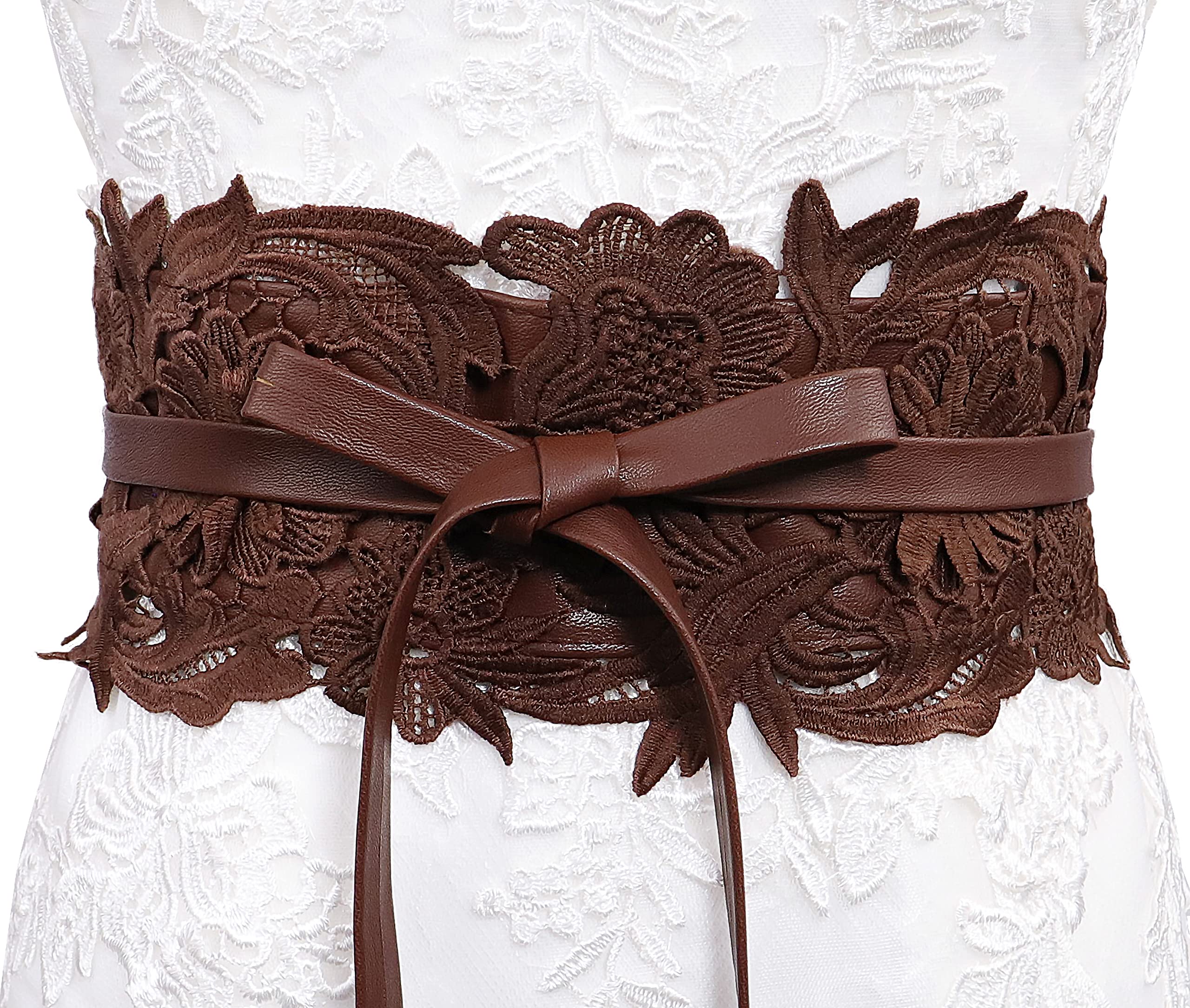 Lovful Women Faux Leather Lace Belt,Wide Wrap Around Obi Belt,Self Tie Boho Band Waist Belt,Coffee