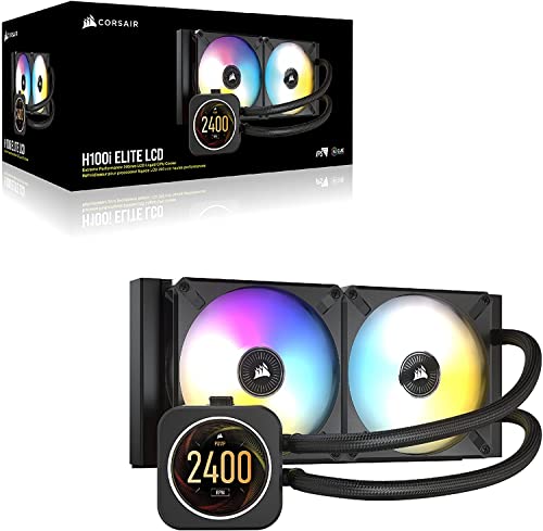 CORSAIR iCUE H100i ELITE LCD Display Liquid CPU Cooler-Custom IPS LCD Screen-40 Dynamic RGB LEDs-120mm Fans-240mm Radiator-COMMANDER CORE Smart Lighting Controller - Black