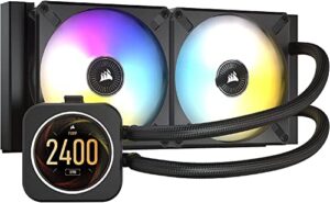 corsair icue h100i elite lcd display liquid cpu cooler-custom ips lcd screen-40 dynamic rgb leds-120mm fans-240mm radiator-commander core smart lighting controller - black