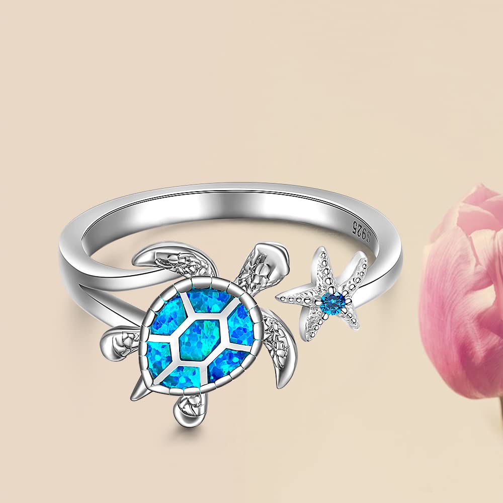 Fenthring Opal Ring Sea Turtle Rings Blue Opal Sterling Silver Adjustable Turtle Jewelry Starfish Good Luck Longevity Gifts Size 8