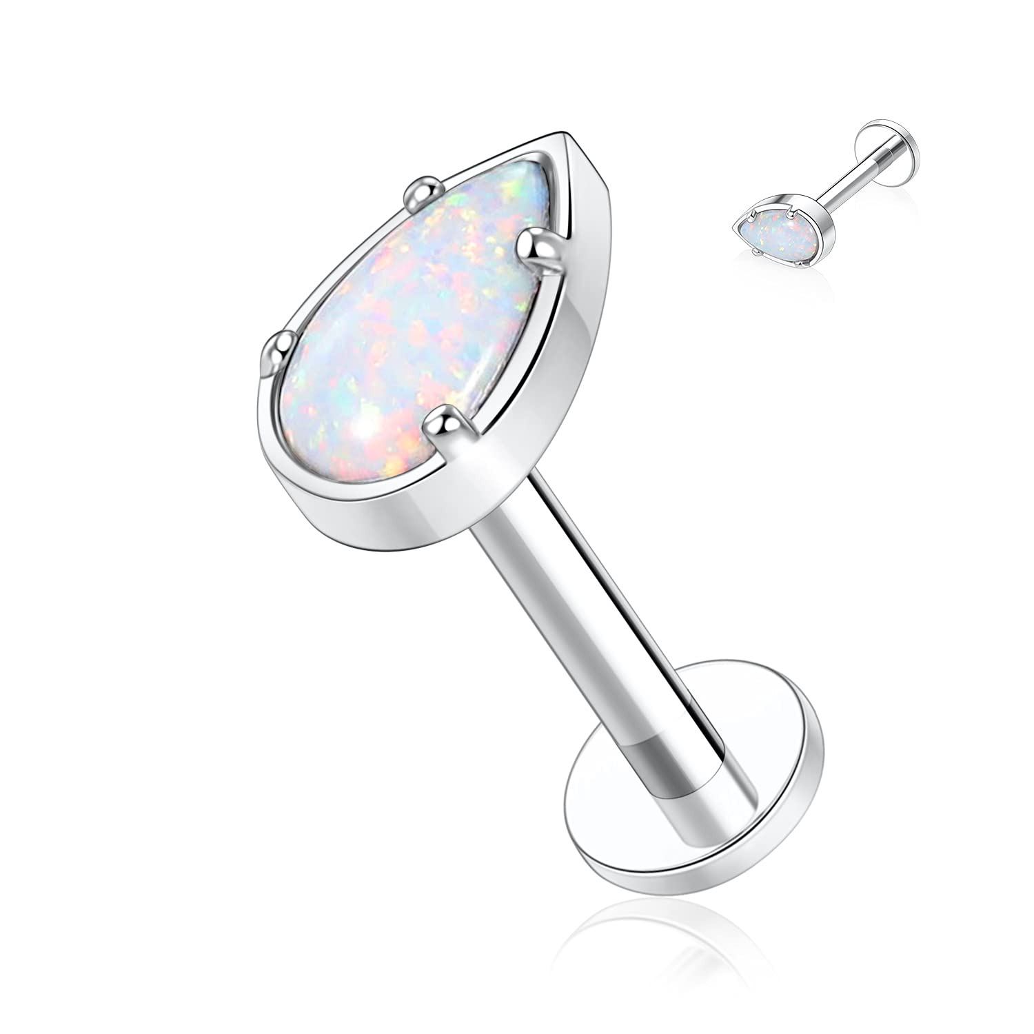 FUNLMO Opal Teardrop Labret Studs 16G Labret Jewelry Lip Rings G23 Titanium Helix Cartilage Tragus Earrings Medusa Ring Internally Threaded Lip Piercing Monroe Jewelry 6mm Silver