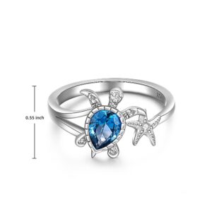 LOVGIFSET Sterling Silver Turtle Ring Rings for Women Sea Turtle Starfish Blue Topaz Animal Jewelry Size 8