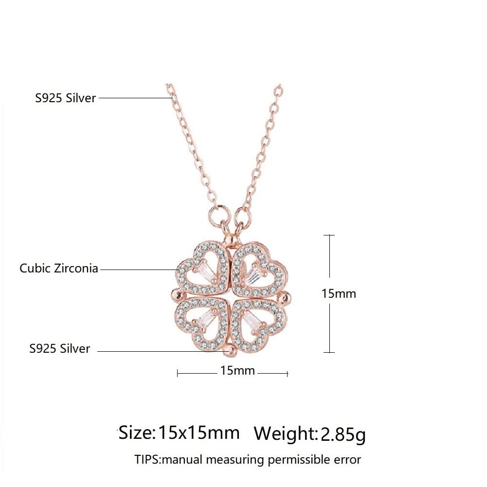 Lam Sence Sterling Silver Heart Shaped and Four Leaf Clover Convertible Pendant Necklace Crystals Jewelry for Women (Rose Gold)