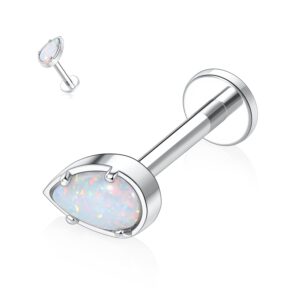 FUNLMO Opal Teardrop Labret Studs 16G Labret Jewelry Lip Rings G23 Titanium Helix Cartilage Tragus Earrings Medusa Ring Internally Threaded Lip Piercing Monroe Jewelry 6mm Silver