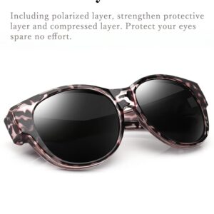 Leoidou Polarized Sunglasses Fit Over Glasses Over Glasses Trendy Round Cat Eye Wrap-around Sunglasses (Grey leopard, Black)