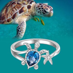 LOVGIFSET Sterling Silver Turtle Ring Rings for Women Sea Turtle Starfish Blue Topaz Animal Jewelry Size 8