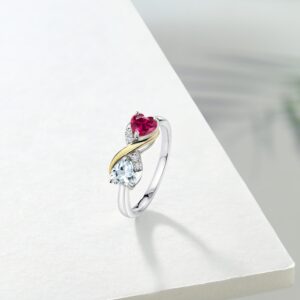 Gem Stone King 925 Sterling Silver and 10K Yellow Gold Red Created Ruby Sky Blue Aquamarine and White Lab Grown Diamond Ring For Women (1.06 Cttw, Gemstone Birthstone, 5MM Heart Shape) (Size 6)