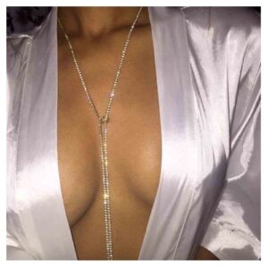 yheakne bling tennis chain necklace silver long rhinestone choker necklace cz lariat y necklace tie up necklace for women and girls nightclub body chain jewelry