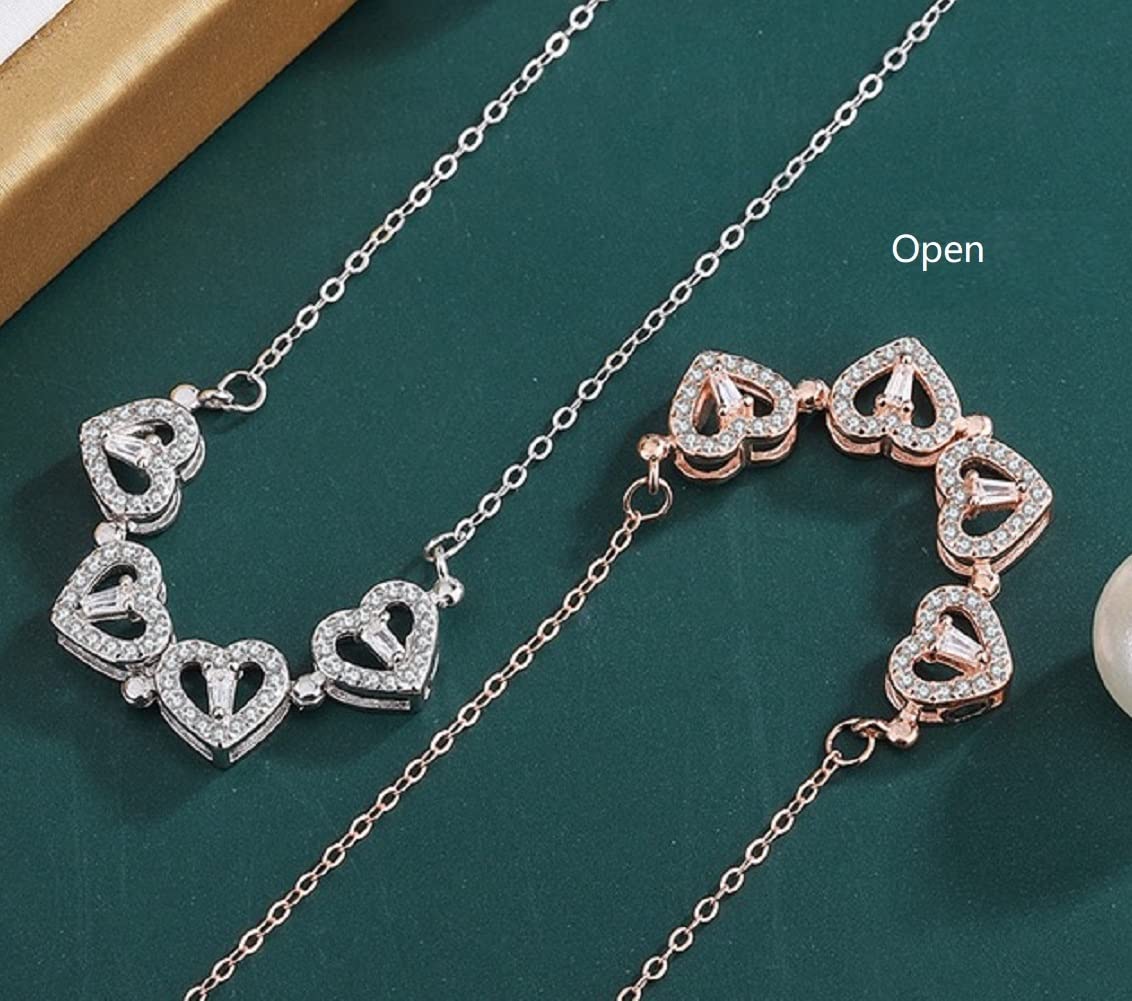 Lam Sence Sterling Silver Heart Shaped and Four Leaf Clover Convertible Pendant Necklace Crystals Jewelry for Women (Rose Gold)