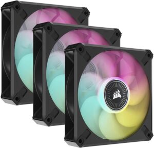 corsair ml120 rgb elite, 120mm magnetic levitation rgb fan with airguide, 3-pack with lighting node core, black for radiator