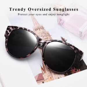 Leoidou Polarized Sunglasses Fit Over Glasses Over Glasses Trendy Round Cat Eye Wrap-around Sunglasses (Grey leopard, Black)