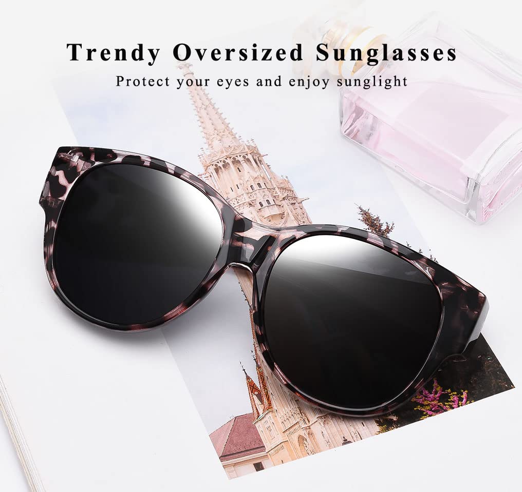 Leoidou Polarized Sunglasses Fit Over Glasses Over Glasses Trendy Round Cat Eye Wrap-around Sunglasses (Grey leopard, Black)