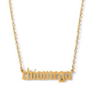 sorority shop chi omega necklace — co old english font design, 18k gold plated, chi omega gifts for women