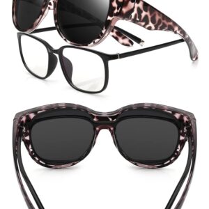 Leoidou Polarized Sunglasses Fit Over Glasses Over Glasses Trendy Round Cat Eye Wrap-around Sunglasses (Grey leopard, Black)