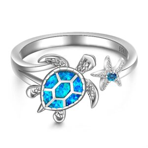 fenthring opal ring sea turtle rings blue opal sterling silver adjustable turtle jewelry starfish good luck longevity gifts size 8