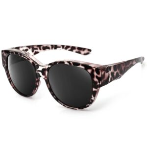 leoidou polarized sunglasses fit over glasses over glasses trendy round cat eye wrap-around sunglasses (grey leopard, black)