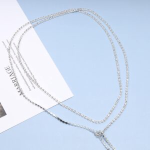 Yheakne Bling Tennis Chain Necklace Silver Long Rhinestone Choker Necklace CZ Lariat Y Necklace Tie Up Necklace for Women and Girls Nightclub Body Chain Jewelry