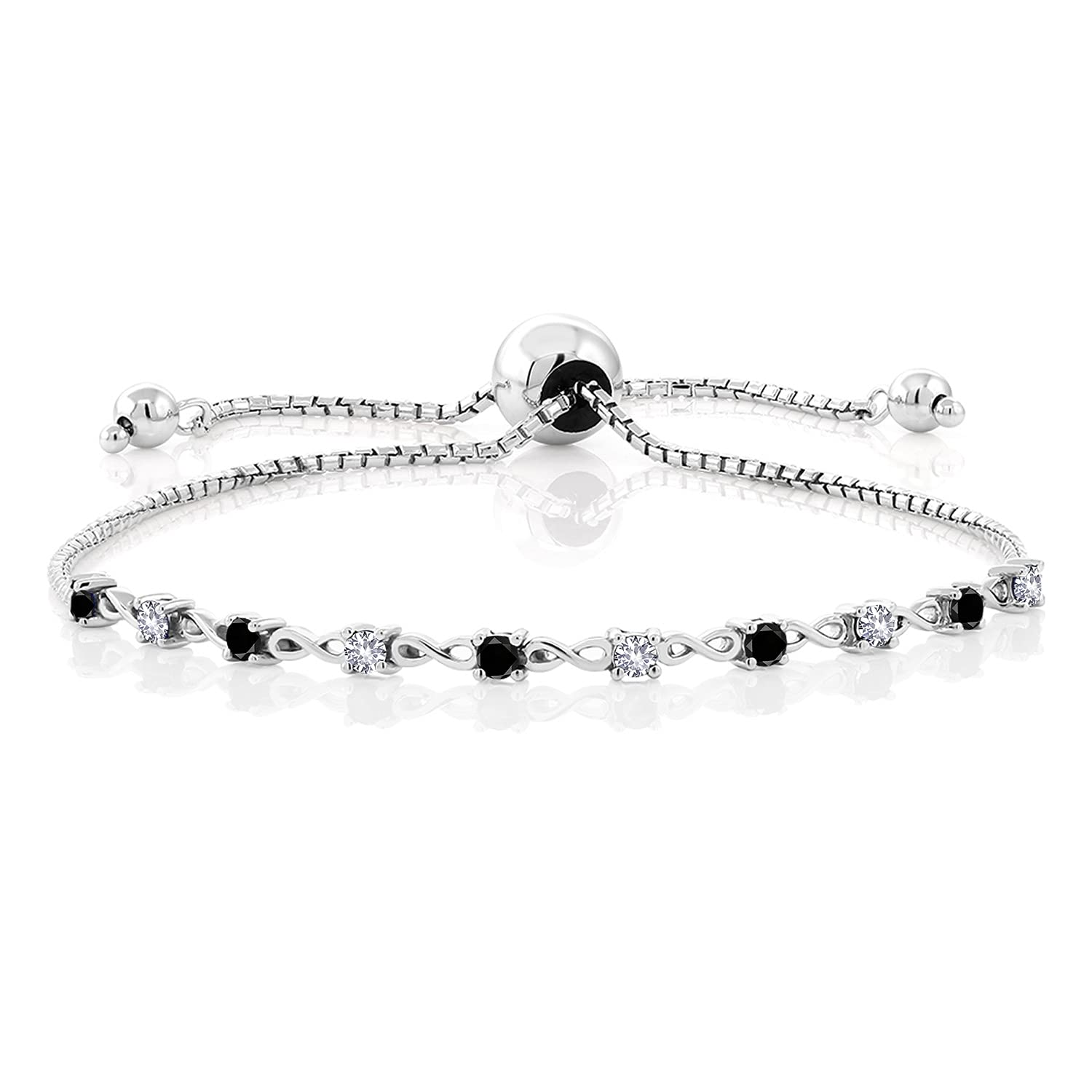 Gem Stone King 925 Sterling Silver Black Diamond and White Created Sapphire Tennis Bracelet For Women (0.58 Cttw, Fully Adjustable Up to 9 Inch)