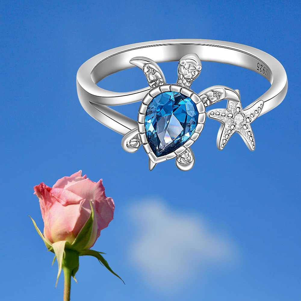 LOVGIFSET Sterling Silver Turtle Ring Rings for Women Sea Turtle Starfish Blue Topaz Animal Jewelry Size 8