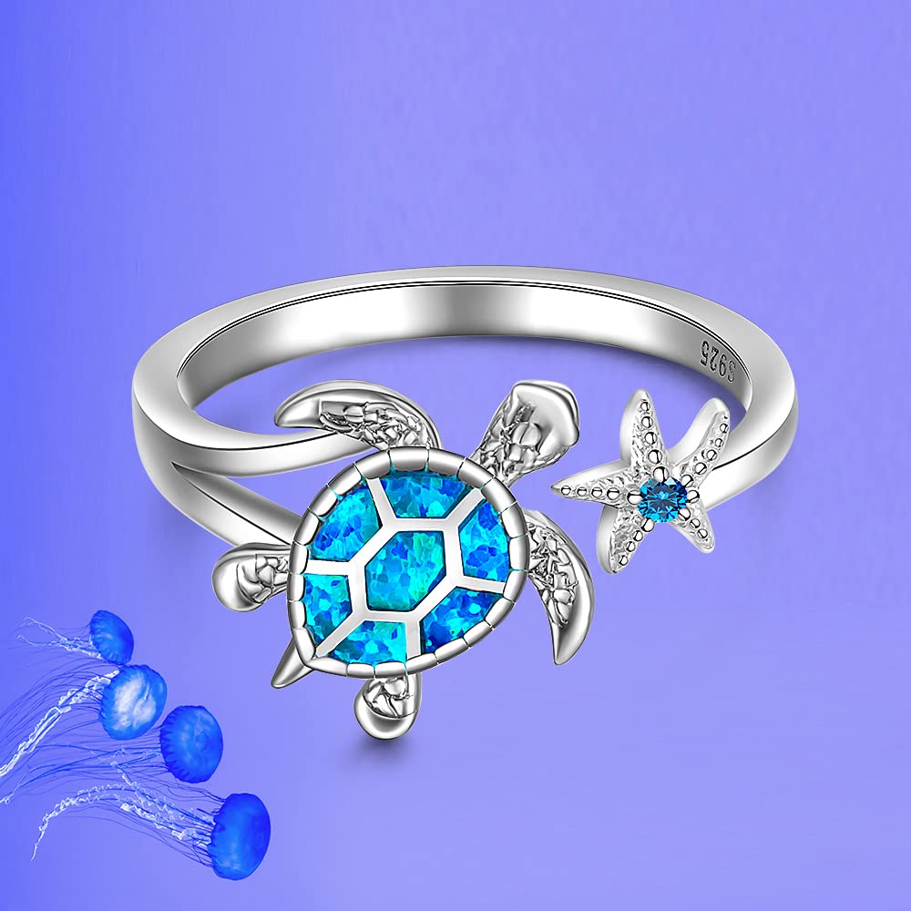 Fenthring Opal Ring Sea Turtle Rings Blue Opal Sterling Silver Adjustable Turtle Jewelry Starfish Good Luck Longevity Gifts Size 8