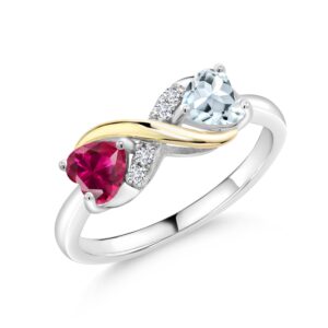 gem stone king 925 sterling silver and 10k yellow gold red created ruby sky blue aquamarine and white lab grown diamond ring for women (1.06 cttw, gemstone birthstone, 5mm heart shape) (size 6)