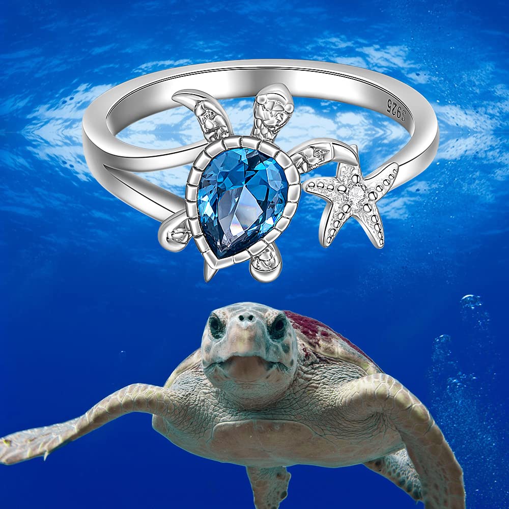 LOVGIFSET Sterling Silver Turtle Ring Rings for Women Sea Turtle Starfish Blue Topaz Animal Jewelry Size 8