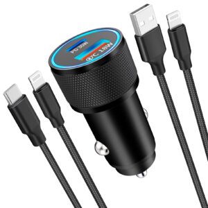 [apple mfi certified] iphone fast car charger, veetone 48w dual port usb c power delivery all metal car adapter with 2 pack lightning braided cable, pd/qc3.0 car quick charging for iphone/ipad/airpods