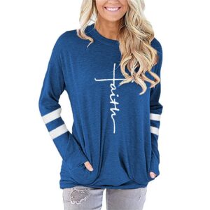 sxkayxr womens faith sweatshirt casual round neck long sleeve pullover blouse tops for women blue