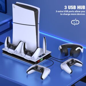 2023 New PS5 Slim Stand and Cooling Station with Dual Controller Charging for Playstation 5 Slim Digital Disc Edition, PS5 Console Accessories Vertical Stand with Headset Holder, 3 USB Hub, Cable