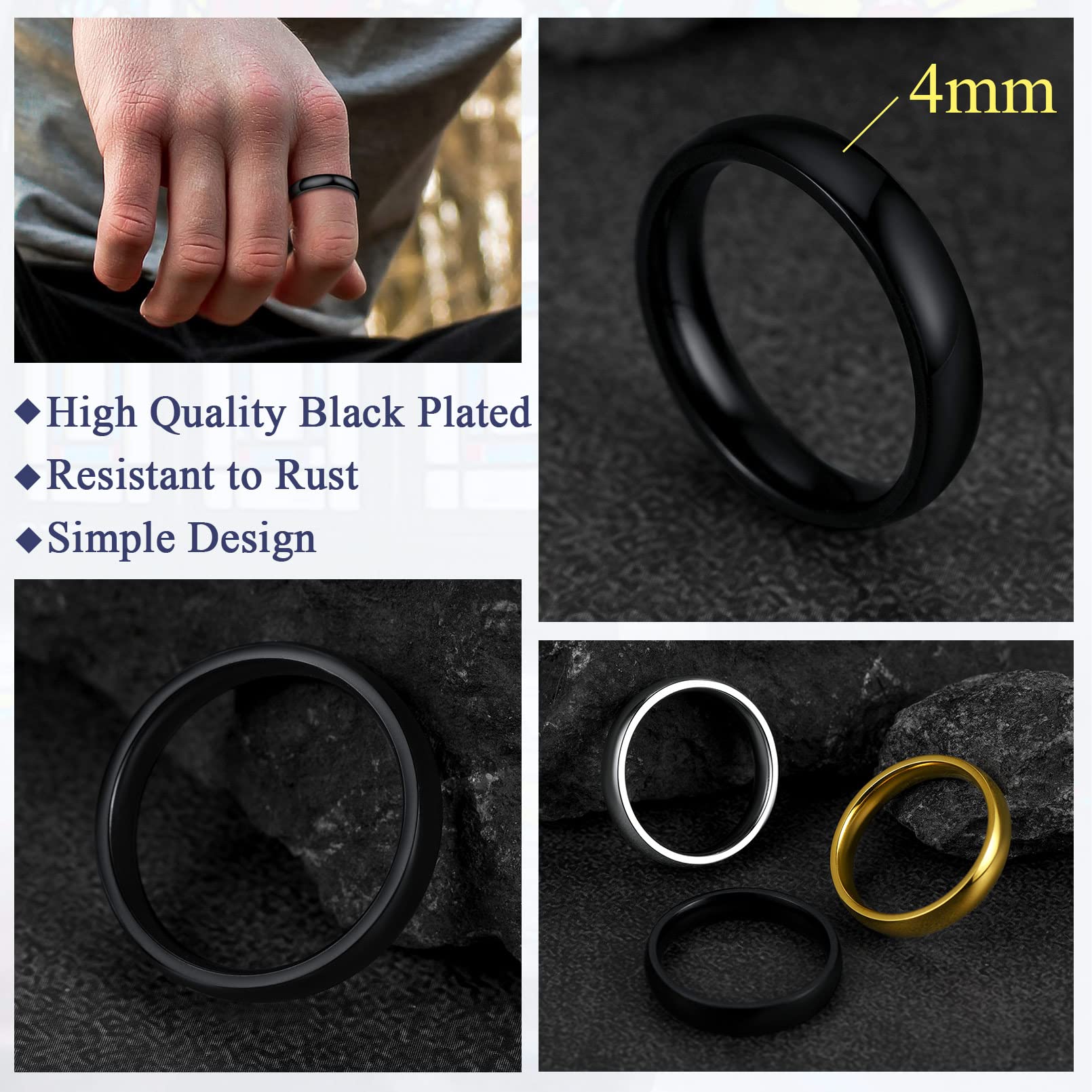 FaithHeart Personalized Custom Black Stainless Steel Rings Wedding Bands Size 5 Fashion Polished Finger Bands Promise Jewelry for Couples