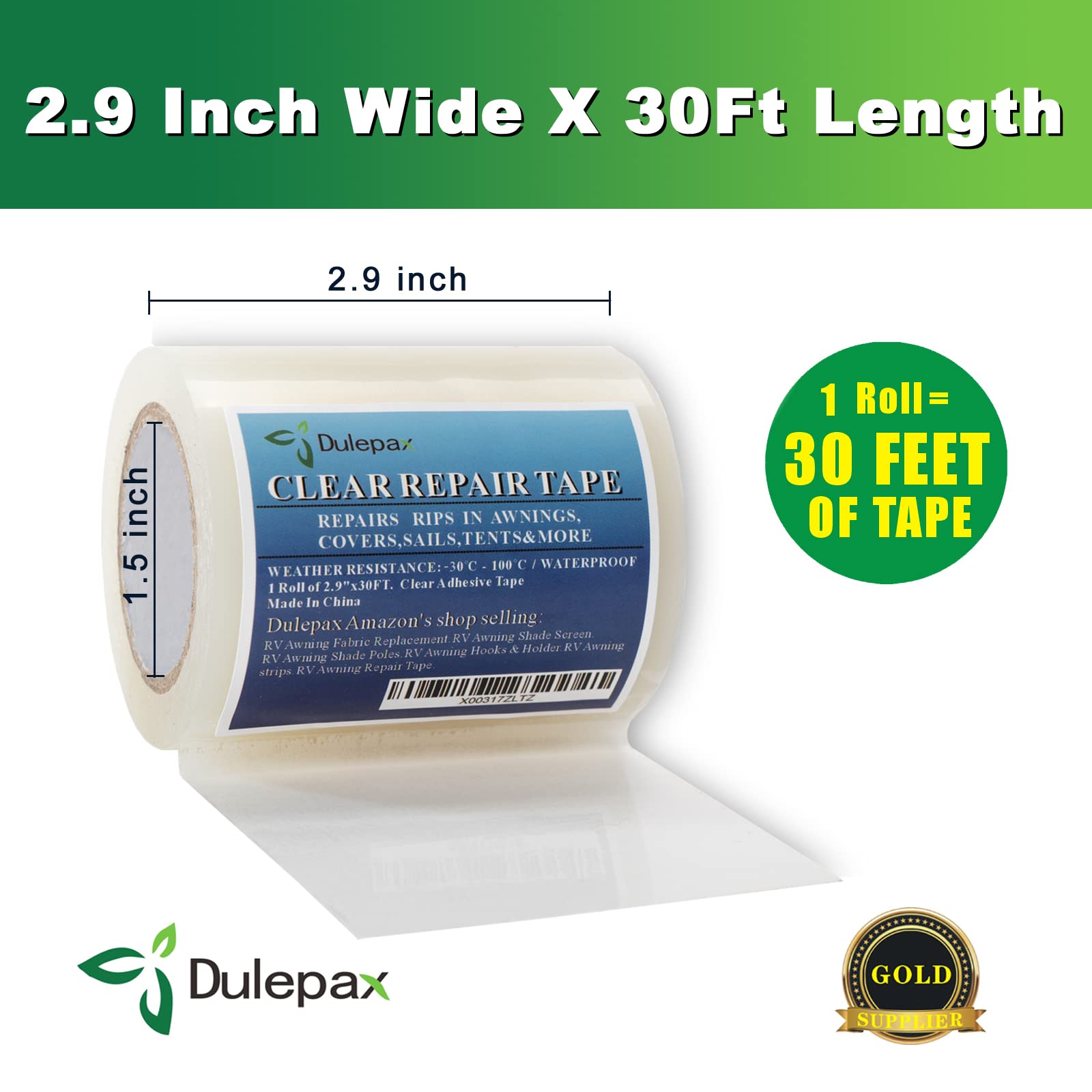 Dulepax-Tent Repair Tape,Awning Repair tape,Boat Covers Repair Tape,RV Covers Repair Kit,Tarp Repair Kit,Canvas Pctch Kit,Sail Tape Etc...1 Roll of 30FT x 2.9"