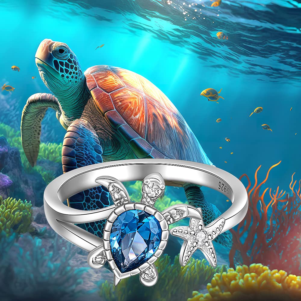 LOVGIFSET Sterling Silver Turtle Ring Rings for Women Sea Turtle Starfish Blue Topaz Animal Jewelry Size 8