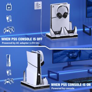 2023 New PS5 Slim Stand and Cooling Station with Dual Controller Charging for Playstation 5 Slim Digital Disc Edition, PS5 Console Accessories Vertical Stand with Headset Holder, 3 USB Hub, Cable