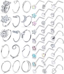 kridzisw 18g nose rings hoops studs piercing jewelry for women 18 gauge stainless surgical steel l shaped bend screw nose ring hoop nose rings stud nostril piercing jewelry men silver 2mm cz diamond