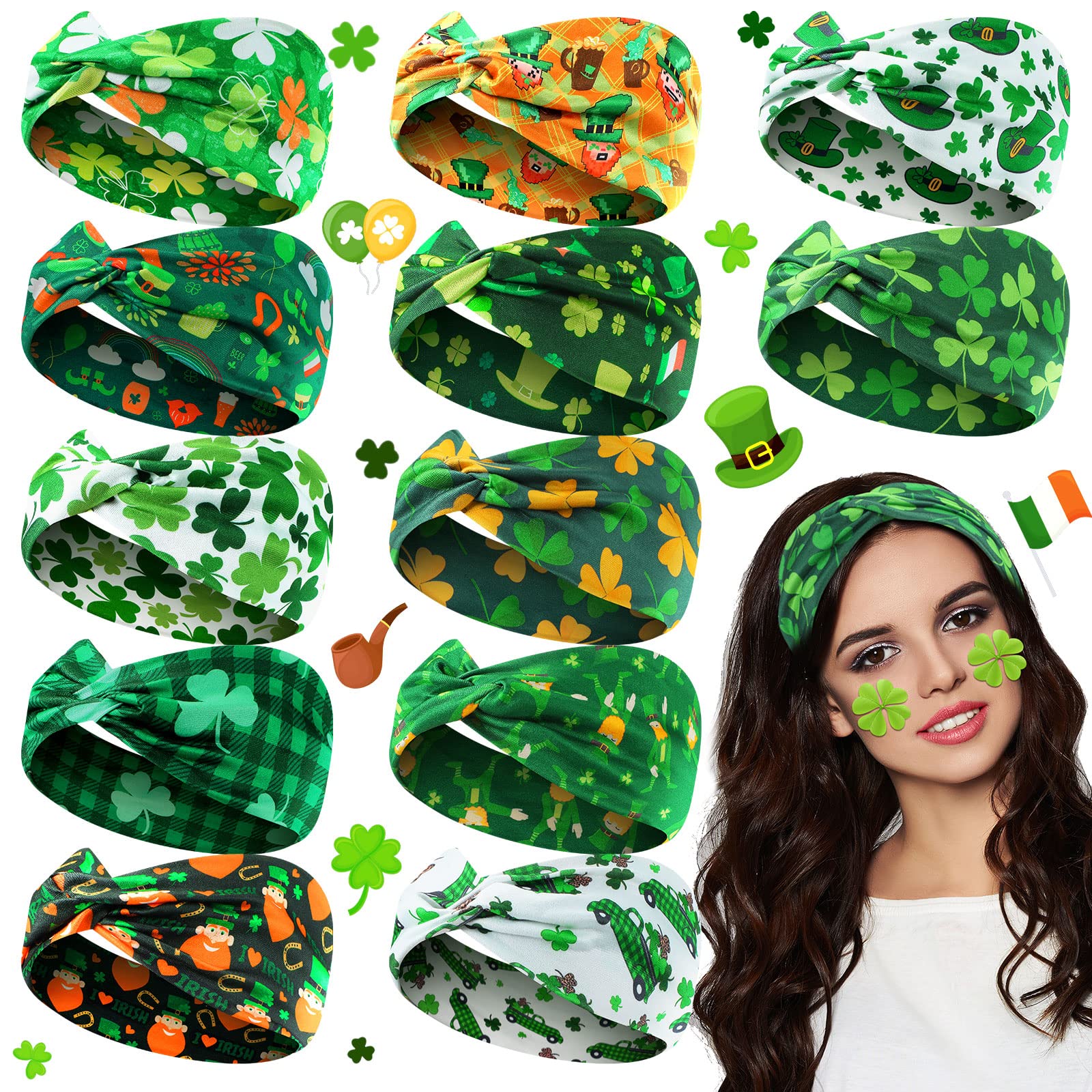 12 Pcs St. Patrick's Day Headbands Elastic Non Slip Hair Accessories Bulk Shamrock Pattern St. Patrick's Day Hairband for Women Girl (Shamrock Pattern)