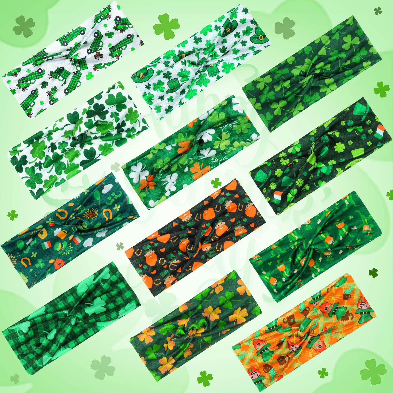 12 Pcs St. Patrick's Day Headbands Elastic Non Slip Hair Accessories Bulk Shamrock Pattern St. Patrick's Day Hairband for Women Girl (Shamrock Pattern)