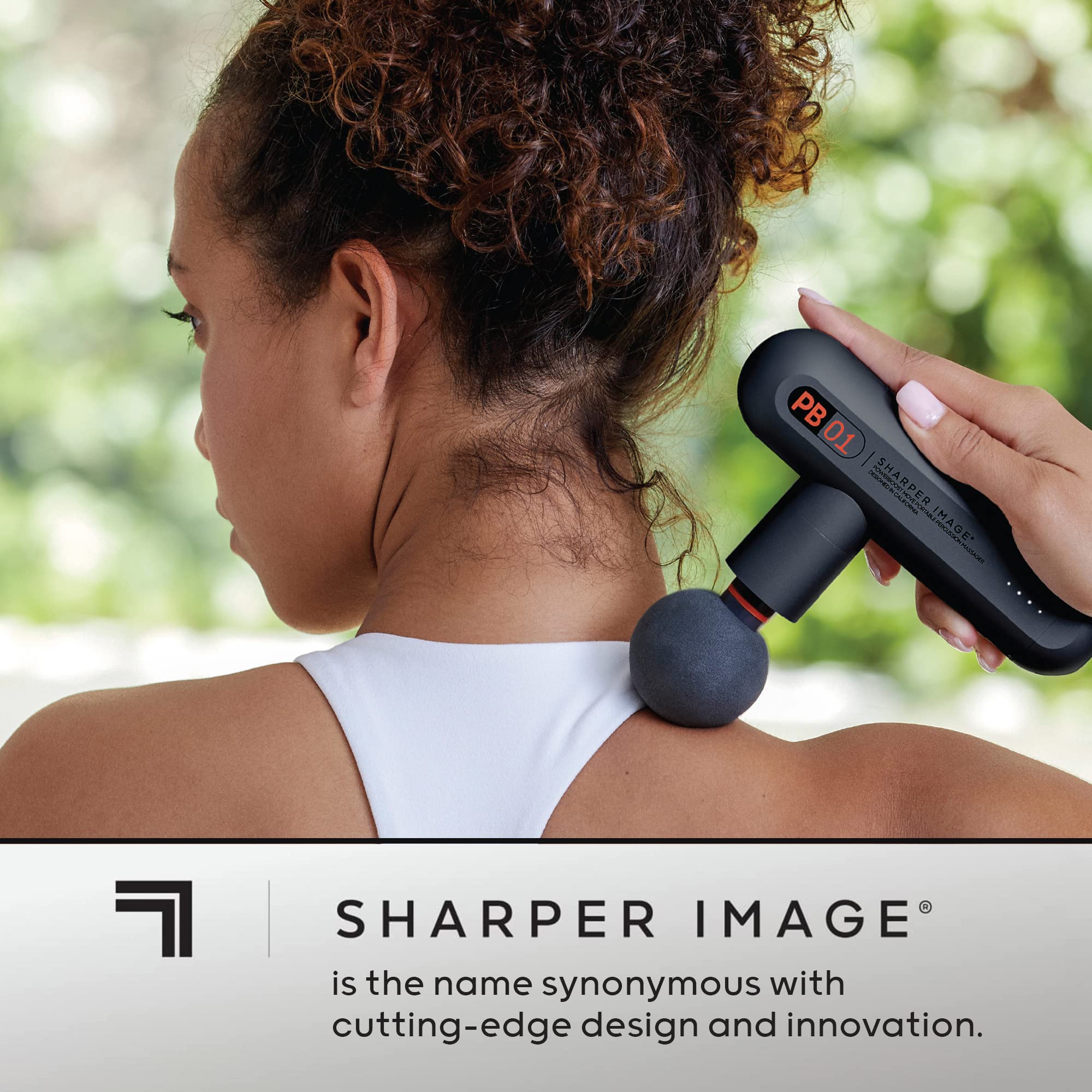 Sharper Image Deep Tissue Portable Percussion Massage Gun, Powerboost Move Full Body, Back & Neck Muscle Massager with 4 Attachments - Handheld Rechargeable Electric Massage Gun for Athletes