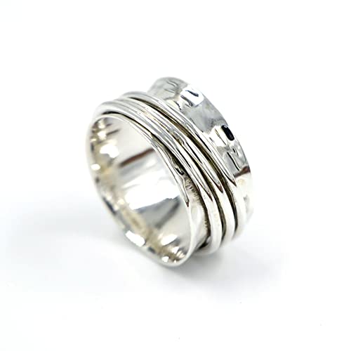 Three Tone Spinner Ring 925 Sterling Silver Rings For Women Hammered Textured Silver Spinner Rings Silver Wide Band Ring 925 Silver Ring Spinner Meditation Ring Thumb Ring Anxiety Ring Worry Ring Fidget Ring Silver Wedding Band Ring Silver Jewelry Gift Fo