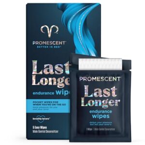 promescent delay wipes sexual enhancer for men to last longer in bed, extended climax control with benzocaine for male genital desensitizing - increase duration, performance, and stamina, 5 count