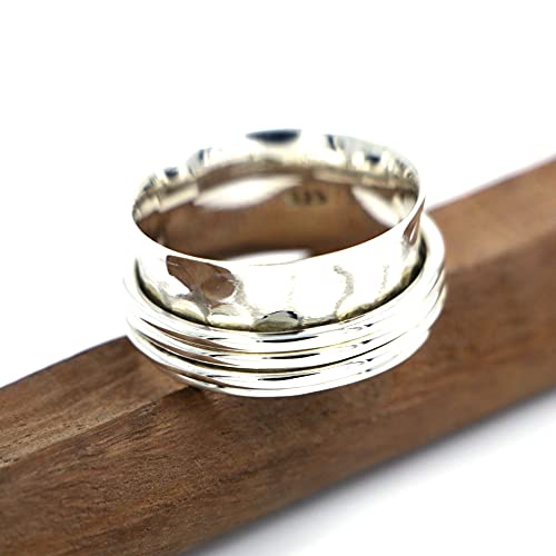 Three Tone Spinner Ring 925 Sterling Silver Rings For Women Hammered Textured Silver Spinner Rings Silver Wide Band Ring 925 Silver Ring Spinner Meditation Ring Thumb Ring Anxiety Ring Worry Ring Fidget Ring Silver Wedding Band Ring Silver Jewelry Gift Fo