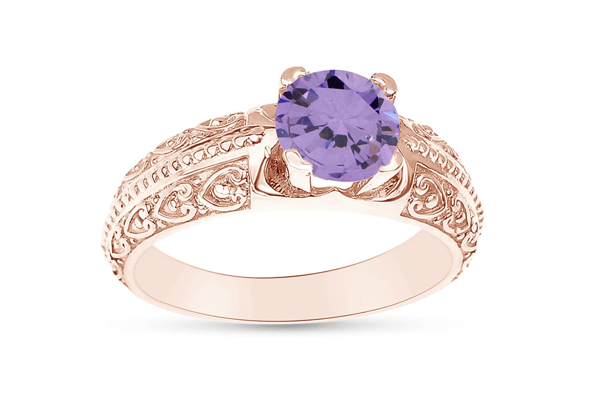 AFFY Round Shape Simulated Alexandrite In 14K Rose Gold Over 925 Sterling Silver Ring Size 6