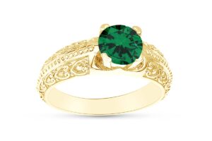 affy round shape simulated emerald in 14k yellow gold over 925 sterling silver ring size 11.5